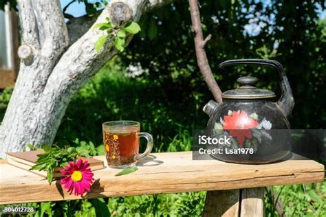 유리 컵에 나무 초점의 트렁크와 홍차 책 꽃 민트 잎과 녹색 배경에 주전자의 유리 컵과 나무 벤치에 여름 정원에서 다도 0명에 대한 스톡 사진 및 기타 이미지 Istock