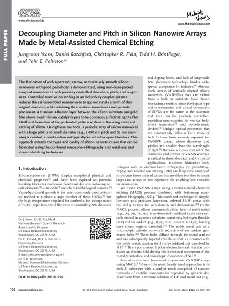 Pdf Decoupling Diameter And Pitch In Silicon Nanowire Arrays Made By Metal Assisted Chemical