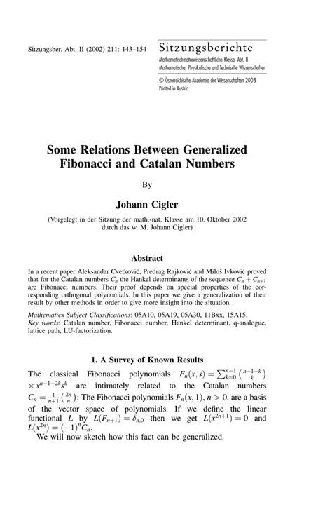 Pdf Some Relations Between Generalized Fibonacci And Catalan Numbers
