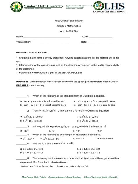 First Quarter Examination Grade 9 Pdf Quadratic Equation Equations