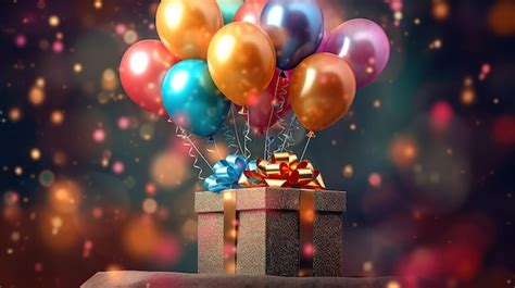 리본 Generative Ai가 있는 생일 축하 배경 및 선물 상자와 현실적인 풍선 장식 프리미엄 사진