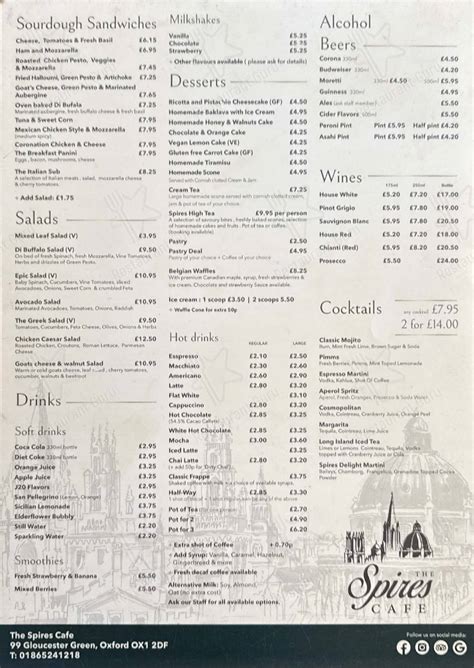 Menu At The Spires Cafe And Restaurant Oxford