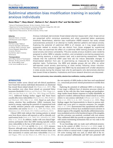 Pdf Subliminal Attention Bias Modification Training In Socially Anxious Individuals
