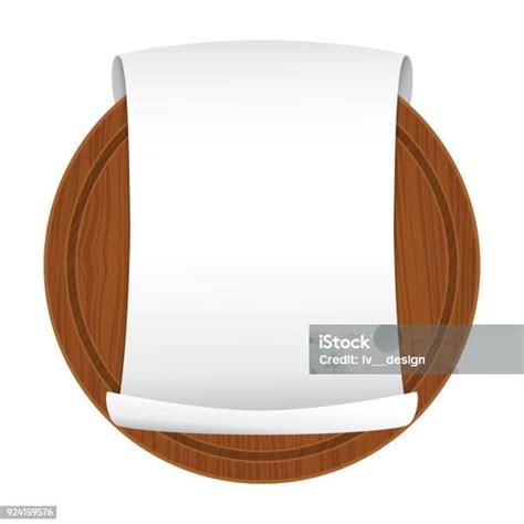 벡터 일러스트입니다 나무 절단 보드 흰색 배경에 고립 된 빈 컬된 빈 종이 시트 양피지 스크롤입니다 배너 템플릿입니다 만화 스타일 갈색에 대한 스톡 벡터 아트 및 기타