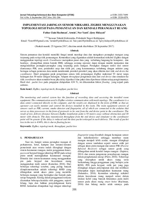 Pdf Implementasi Jaringan Sensor Nirkabel Zigbee Menggunakan Topologi Mesh Pada Pemantauan Dan