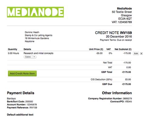 Create A Credit Note FreeAgent Support SANDBOX