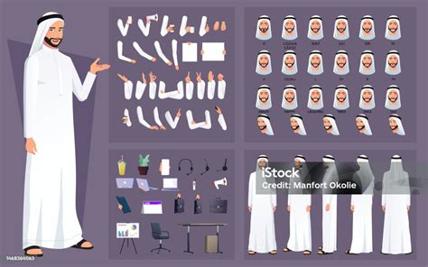 아랍 무슬림 남자 캐릭터 생성자 키트 다양한 얼굴 포즈 애니메이션 준비 신체 부위 립싱크 및 비즈니스 액세서리 남자에 대한 스톡 벡터 아트 및 기타 이미지 Istock