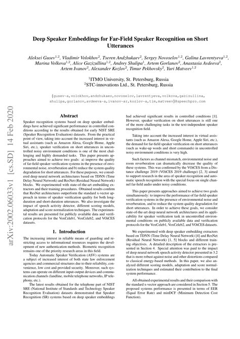 Pdf Deep Speaker Embeddings For Far Field Speaker Recognition On Short Utterances