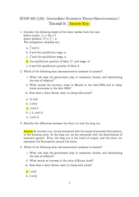 Tutorial 1 Answer Key Tut 1 Econ 303 L01 Intermediate Economics