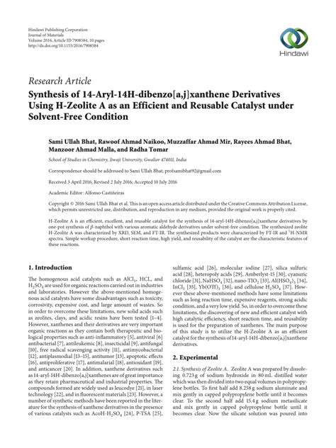 Pdf Synthesis Of 14 Aryl 14h Dibenzo[a J]xanthene Derivatives Using H Zeolite A As An