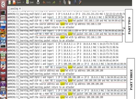 results from the pox controller showing ip spoofing packets and warning download scientific