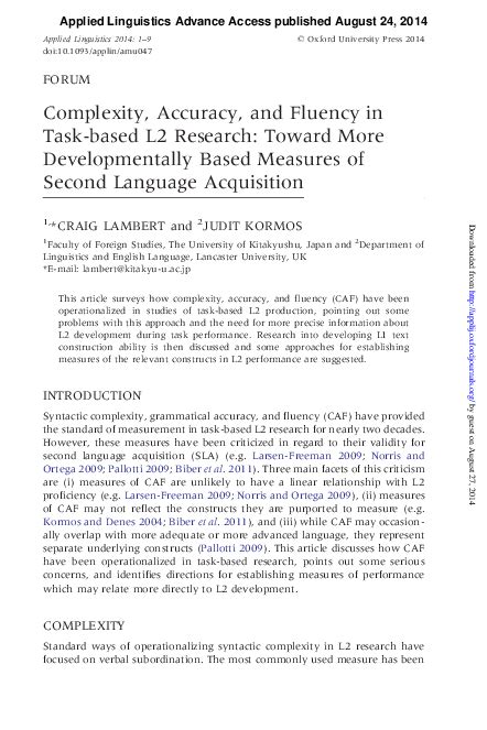 Pdf 2014 Complexity Accuracy And Fluency In Task Based L2 Research