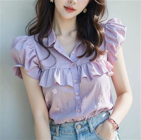 여리여리한 퍼프소매 퍼플 셔츠 J 2294 에이블리