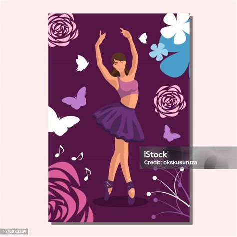 보라색 투투와 뾰족한 신발을 신은 백인 백인 얼굴 없는 발레리나가 꽃과 나비가 있는 보라색 포스터에서 춤을 추고 있습니다 플랫 스타일의 벡터 그림입니다 고전 양식에 대한