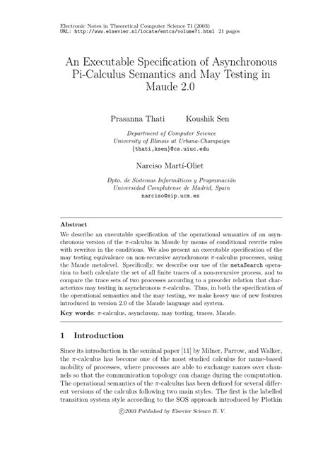 Pdf An Executable Specification Of Asynchronous Pi Calculus Semantics And May Testing In Maude 20