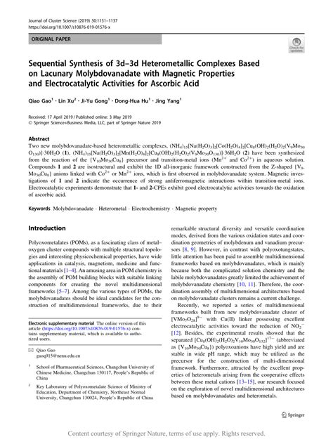 Sequential Synthesis Of 3d 3d Heterometallic Complexes Based On Lacunary Molybdovanadate With
