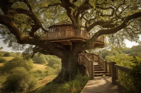 Premium AI Image A Treehouse With A Wooden Deck And Stairs Leading To The Deck