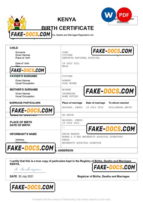 Kenya Vital Record Birth Certificate Word And Pdf Template Completely Editable Fake Docs Shop