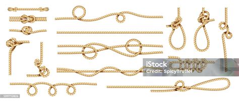 현실적인 매듭 로프 노드 및 코드 스레드 고립 된 해양 트위스트 루프 대마 섬유에서 꼰 쌍둥이의 컬렉션 누스가있는 선원 케이블 장식 템플릿 벡터 세트 갈색에 대한 스톡 벡터