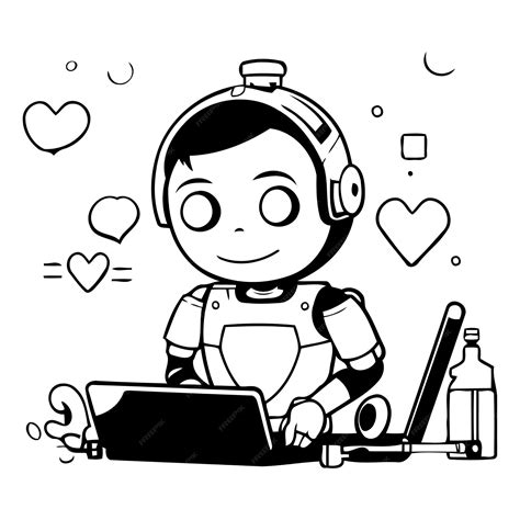Premium Vector Cute Robot Working On Laptop Vector Illustration In