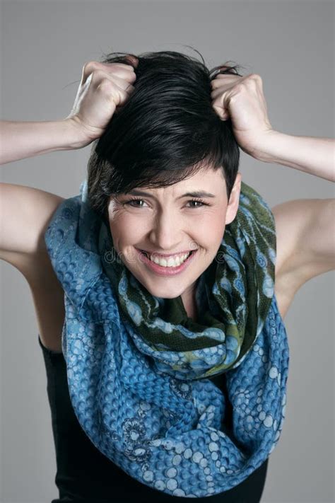 Angry Young Cute Short Hair Woman Pulling Hair With Clenched Teeth