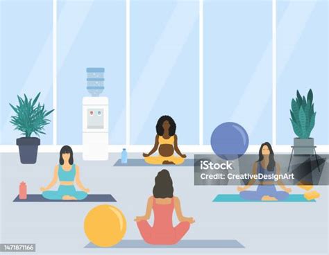 다민족 여성 그룹이 연꽃 자세로 앉아 명상 운동을 하는 요가 스튜디오 필라테스에 대한 스톡 벡터 아트 및 기타 이미지 필라테스 연습 매트 단체 Istock