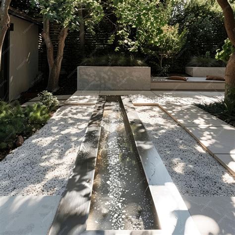 A Narrow Water Feature In A Modern Garden Lined With Stone And Gravel