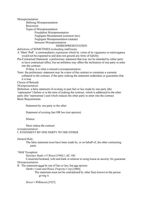 Misrepresentation N A Misrepresentation Defining Misrepresentation Rescission Types Of Studocu