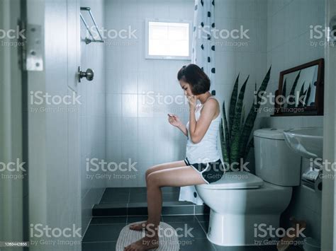 Asian Woman Is Pregnant Using Pregnancy Test So Sadness Feeling Stock