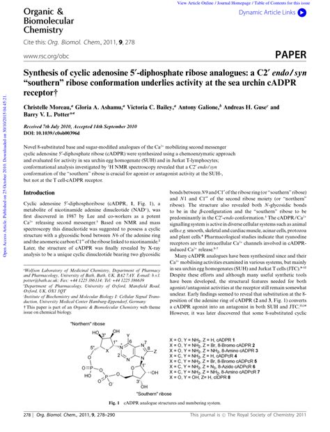 Pdf Synthesis Of Cyclic Adenosine 5′ Diphosphate Ribose Analogues A C2′ Endo Syn Southern