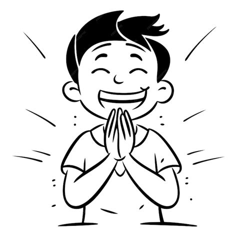 기도 하는 소년 의 흑백 만화 일러스트레이션 프리미엄 벡터