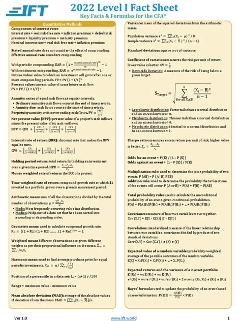 2022 Level I Key Facts And Formulas Sheet Pdf Errors And Residuals
