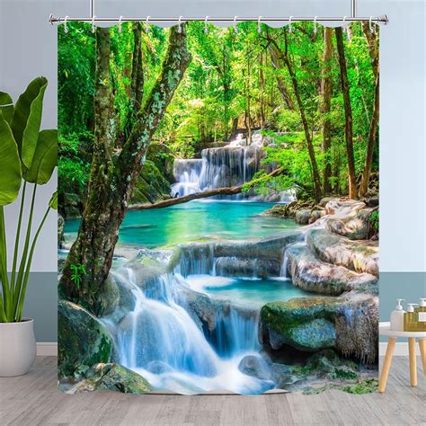 Necsole Nature Waterfall Shower Curtain Jungle Forest