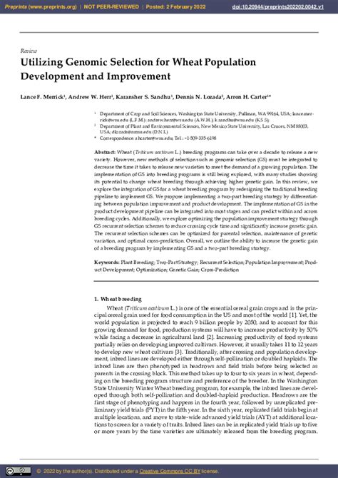Pdf Utilizing Genomic Selection For Wheat Population Development And Improvement