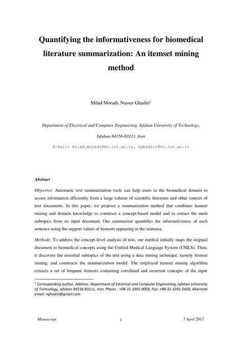 Pdf Quantifying The Informativeness For Biomedical Literature Summarization An Itemset Mining