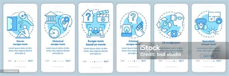 이스케이프 룸 유형 은 선형 개념으로 모바일 앱 페이지 화면 온보딩 청록색 퀘스트 게임 카테고리 연습 그래픽 지침 Ux Ui 그림이 있는 Gui 벡터 템플릿 가상현실에 대한