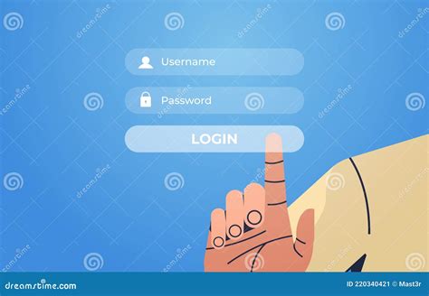 Human Hand Pressing Login Button On Virtual Screen Authorization Internet Networking Concept