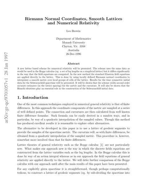 Pdf Riemann Normal Coordinates Smooth Lattices And Numerical Relativity