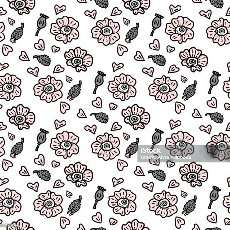 큰 눈의 양귀비 꽃과 새싹이 있는 고딕 양식의 완벽 한 패턴입니다 티 종이 직물 및 직물을 위한 미스틱 프린트 손으로 그린 벡터