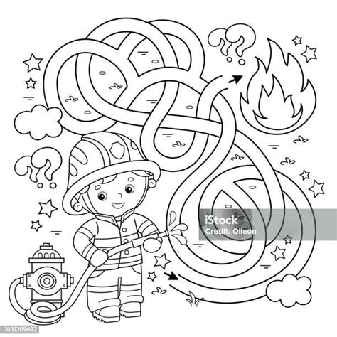 미로 또는 미로 게임 수수께끼 얽힌 도로 색칠 공부 페이지 소화전을 가진 만화 소방관 또는 소방관의 개요 소방 아이들을위한 색칠 공부 책 교육에 대한 스톡 벡터 아트 및