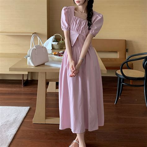 코디세트스퀘어넥 퍼프 슬리브 블라우스플레어 롱스커트 투피스 세트 Pj7314