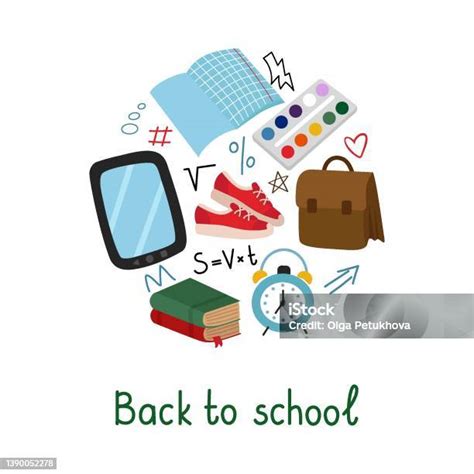 학교 배너 원 모양의 포스터로 돌아갑니다 태블릿 서류 가방 페인트 수식 알람 시계 운동화 필기 책 화살표 분리된 벡터 일러스트레이션입니다 인쇄 디자인 장식을 위해 0명에