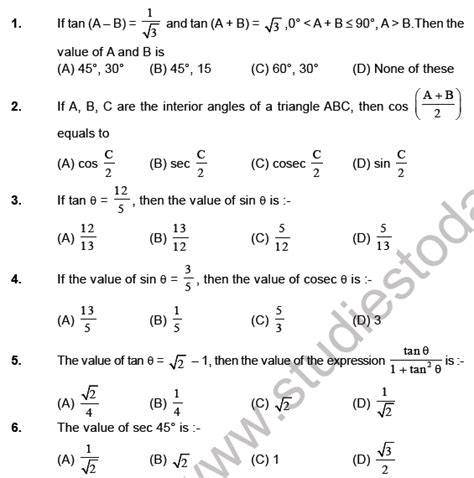 Cbse Class 10 Mathematics Introduction To Trigonometry Mcqs Set C