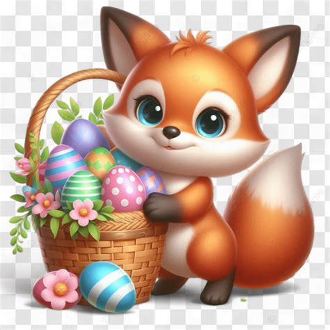 계절 축하 행사에 딱 맞는 다채로운 부활절 달걀이 가득한 바구니를 자랑스럽게 제시하는 유쾌한 여우 클립아트 유쾌한 여우 클립 아트 알록달록한 부활절 달걀이 가득한