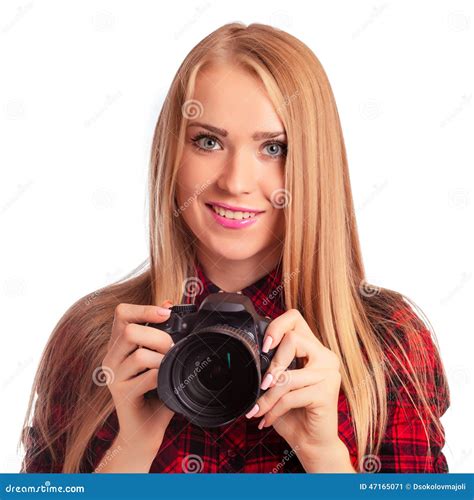 Glamour Amateur Photographer Holding A Professional Camera Iso Stock