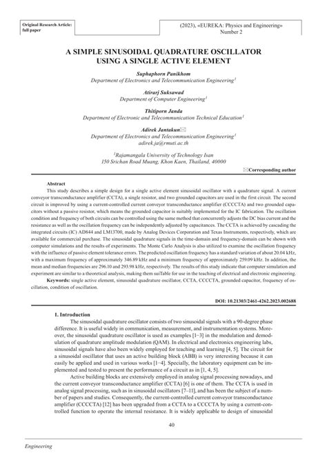 Pdf A Simple Sinusoidal Quadrature Oscillator Using A Single Active