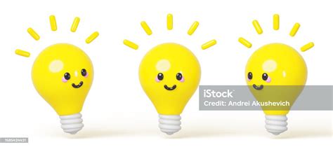 행복한 얼굴 3d 렌더링 아이콘을 가진 귀여운 전구 Kawaii 캐릭터 미소를 짓는 만화 재미있는 빛나는 램프 창의적인 아이디어가 있는 스마트 마스코트 흰색 배경에 격리된