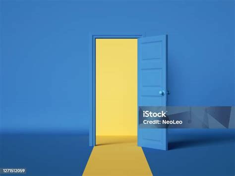 파란색 배경에 격리 된 열린 문 내부의 노란색 표시등이 3d 렌더링 객실 인테리어 디자인 요소 현대 미니멀 컨셉 기회 은유 문에 대한 스톡 사진 및 기타 이미지 Istock