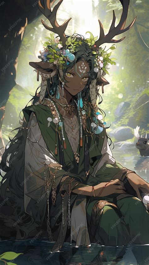 Premium Photo Anime Character Sitting In A Forest With Deer Antlers