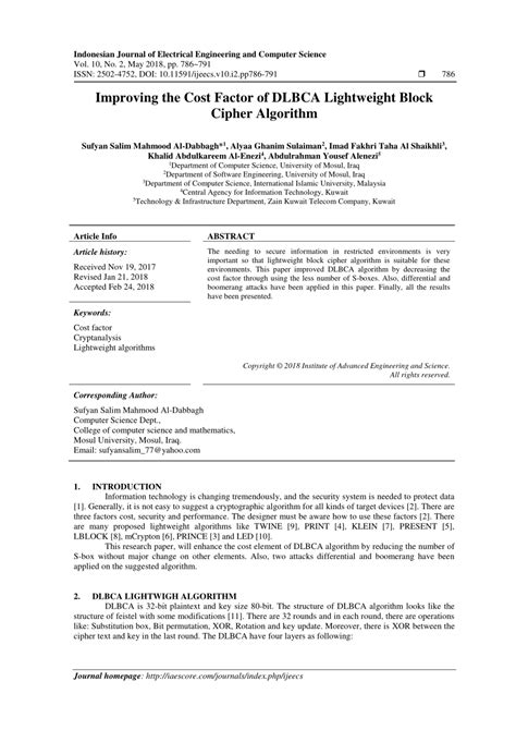 Pdf Improving The Cost Factor Of Dlbca Lightweight Block Cipher Algorithm